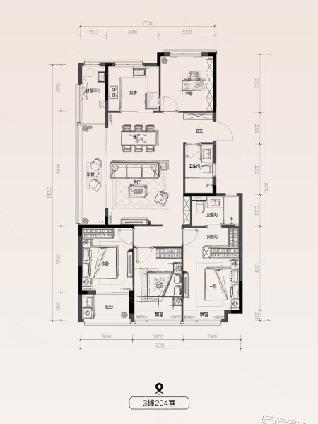 绿城宸岸印月宸影133方户型，绿城宸岸印月4室2厅2卫1厨约133.00平米户型图，朝南朝向 - 杭州安居客