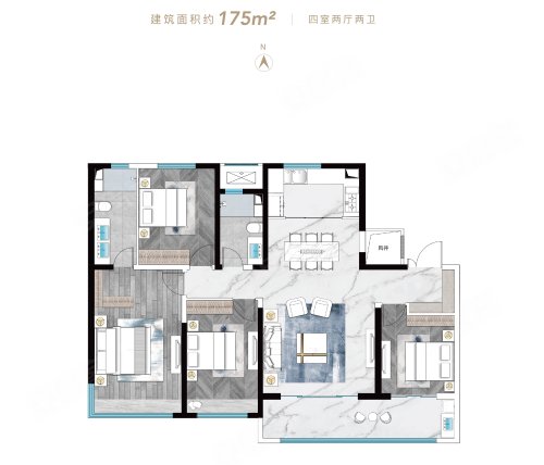 菏泽建邦公园175平方米户型，菏泽建邦公园4室2厅2卫1厨约175.00平米户型图，朝南朝向 - 菏泽安居客