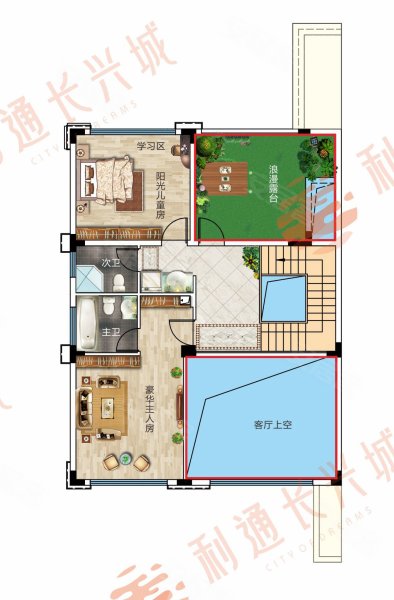 利通长兴城B7上叠，利通长兴城别墅约234.71平米户型图，朝南朝向 - 长沙安居客