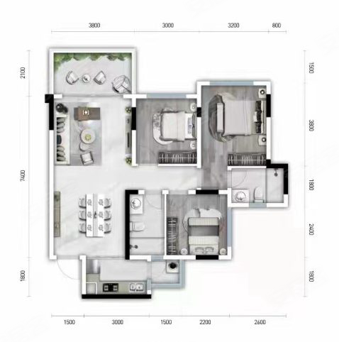 阳光云景台D2，阳光云景台3室2厅2卫1厨约89.80平米户型图，朝南朝向 - 南充安居客